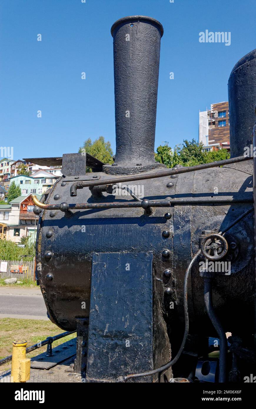 Old rusty steam locomotives at the seaside promenade in Castro City ...