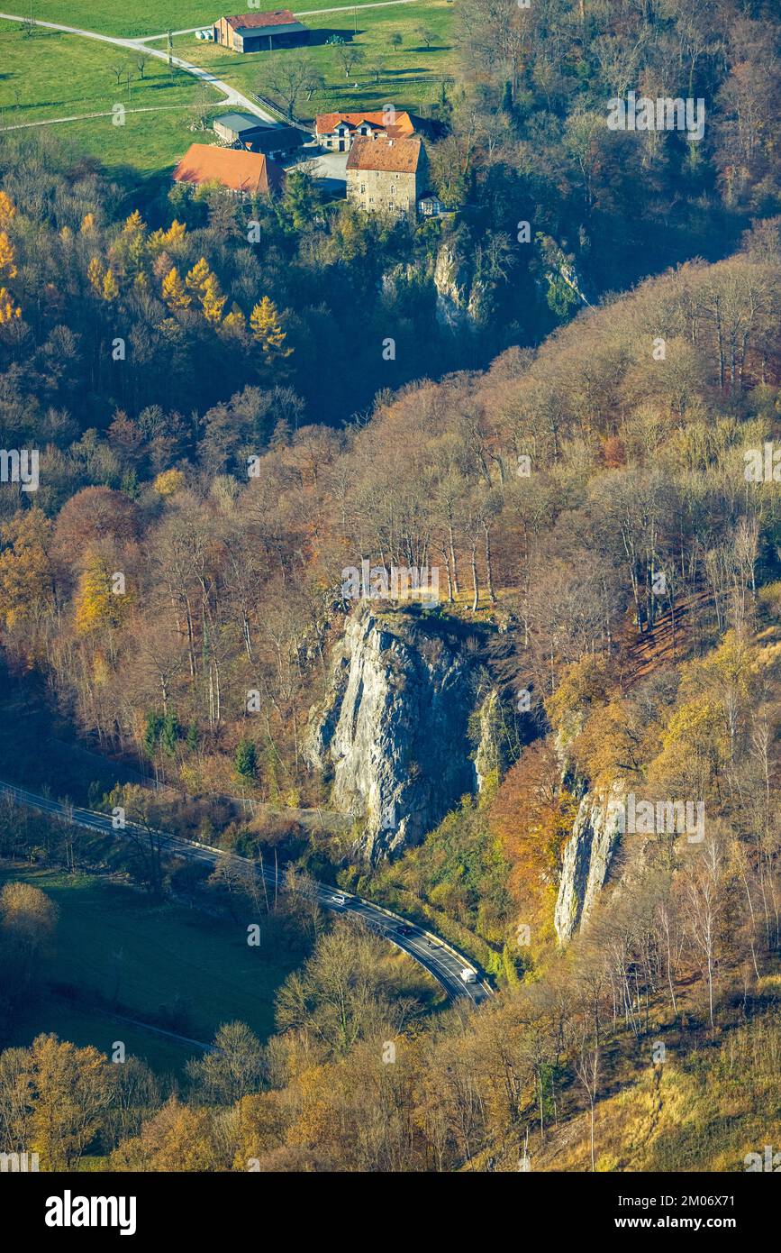 Aerial view, Reckenhöhle stalactite cave in autumnal forest in ...