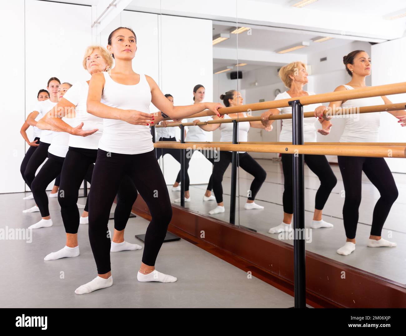 Active dancing women perform demi plie near the ballet barre, standing ...