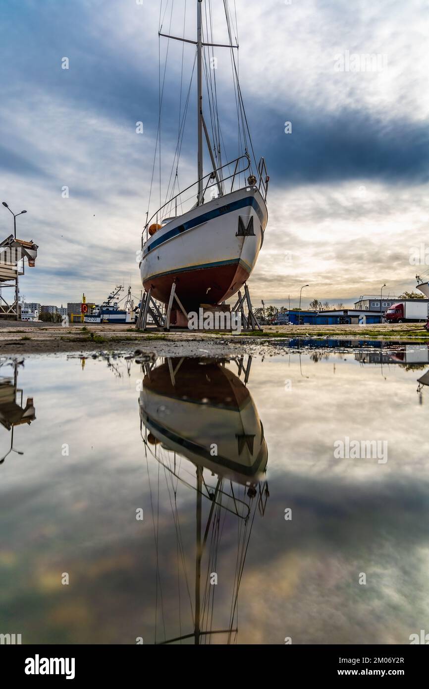 Kolobrzeg, Poland - October 2021: Old ferry boat standing on a stands ...