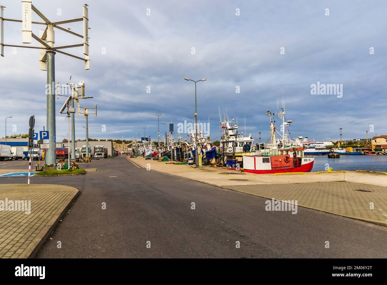 Kolobrzeg, Poland - October 2021: Long wooden platform with bags and ...
