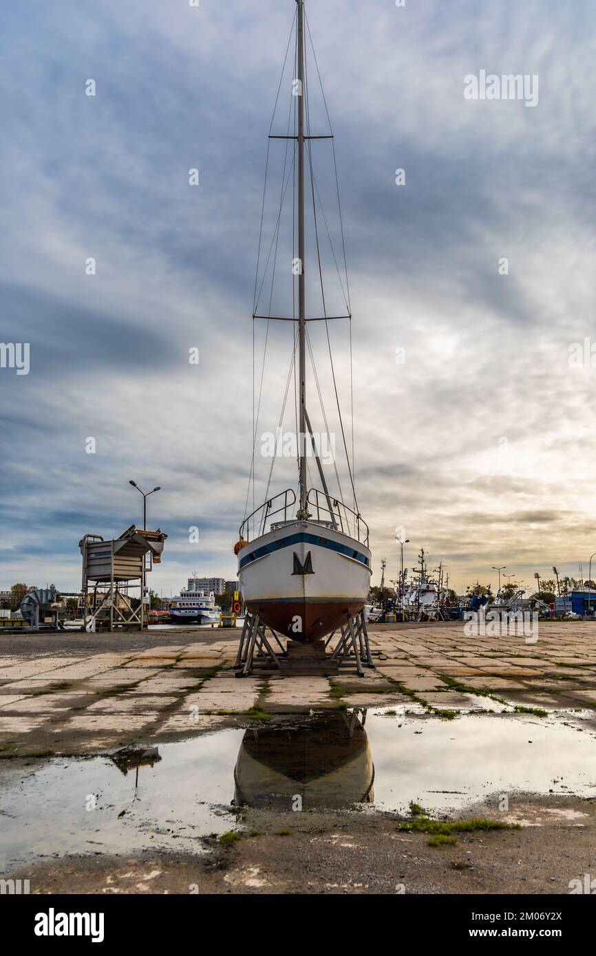 Kolobrzeg, Poland - October 2021: Old ferry boat standing on a stands ...