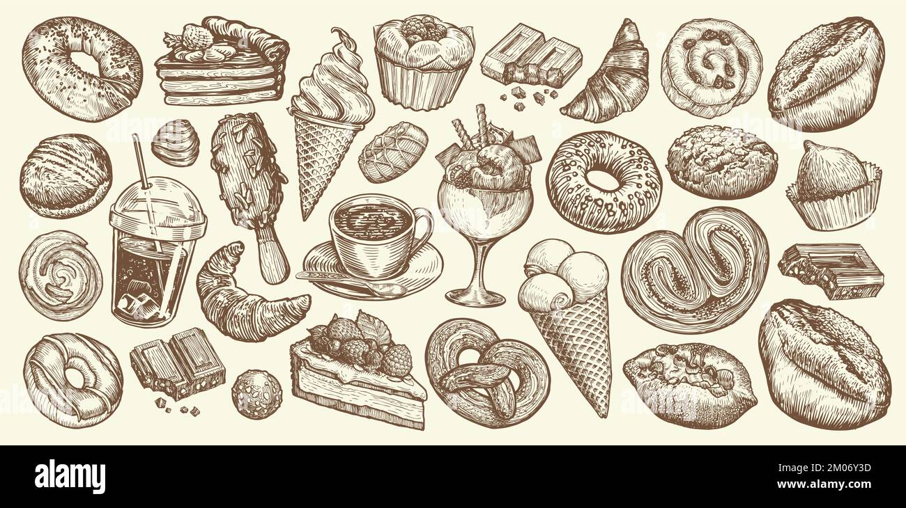 Food and drink sketch set for cafe or restaurant menu. Hand drawn ...