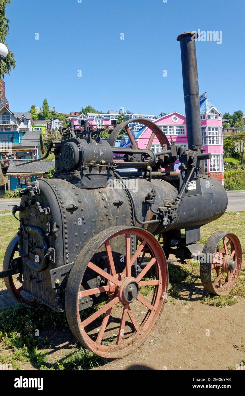 Old rusty steam locomotives at the seaside promenade in Castro City ...