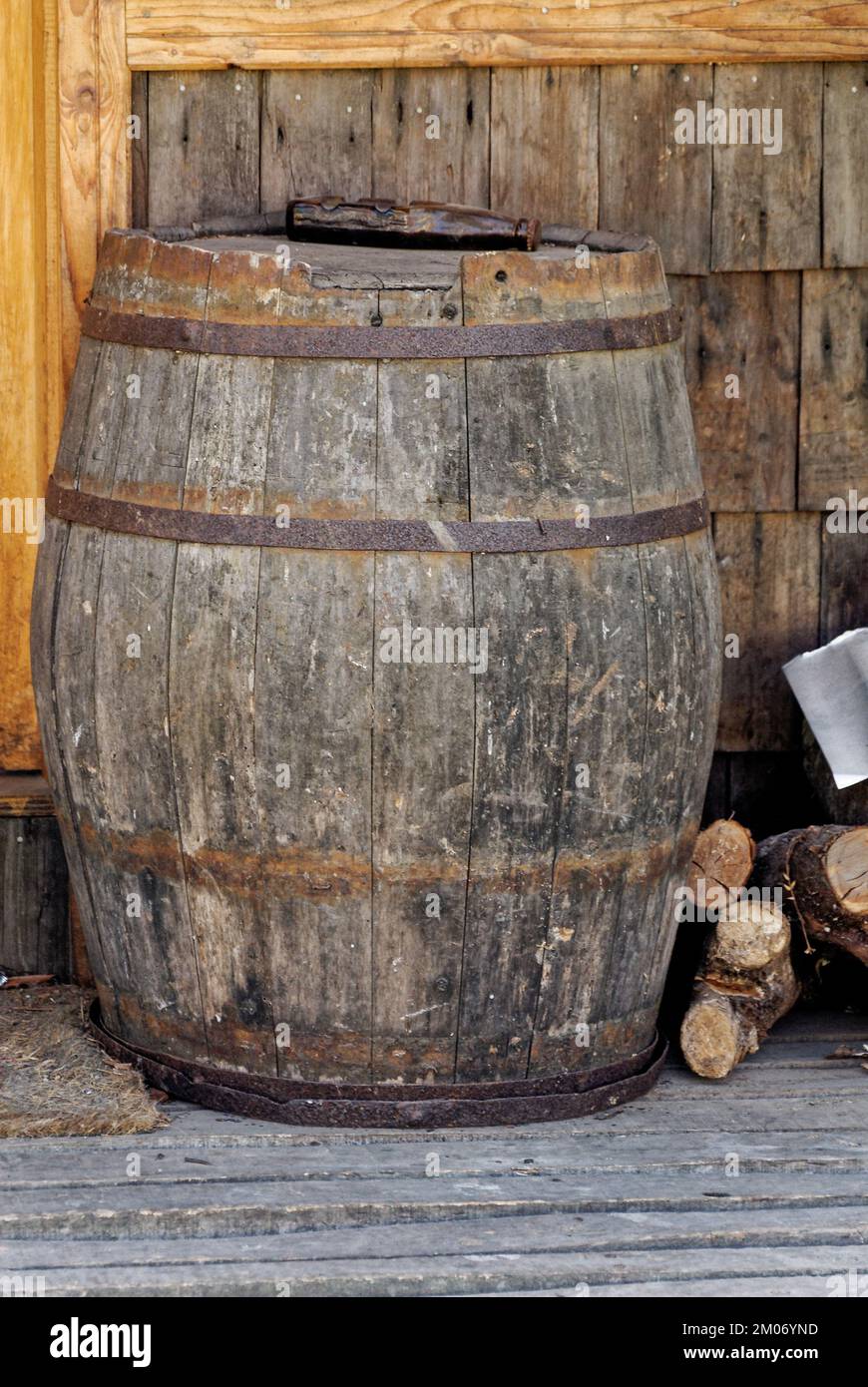 Old vintage barrel and pile of wooden fire - Castro, Chile Stock Photo ...