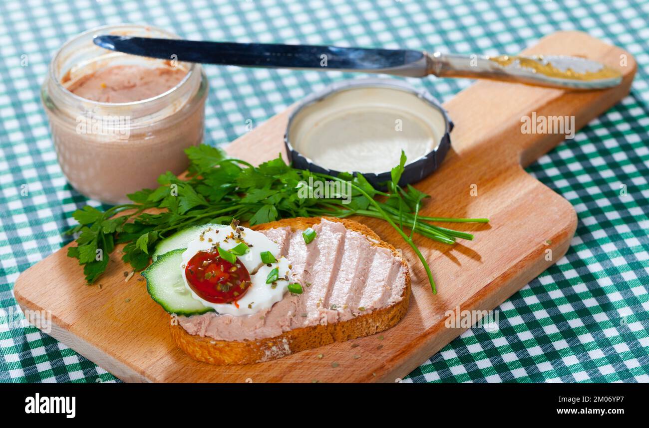 Toast with pate, cheese, cucumber Stock Photo - Alamy