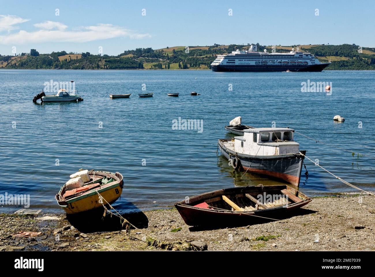 MS Zaandam Cruise ship in Golfo de Ancud on Chilo Island. Castro is a ...