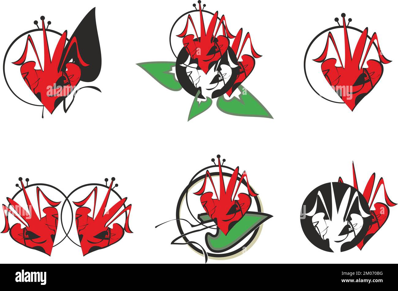 Decorative symbols in heart form in red-black-green tones isolated on ...