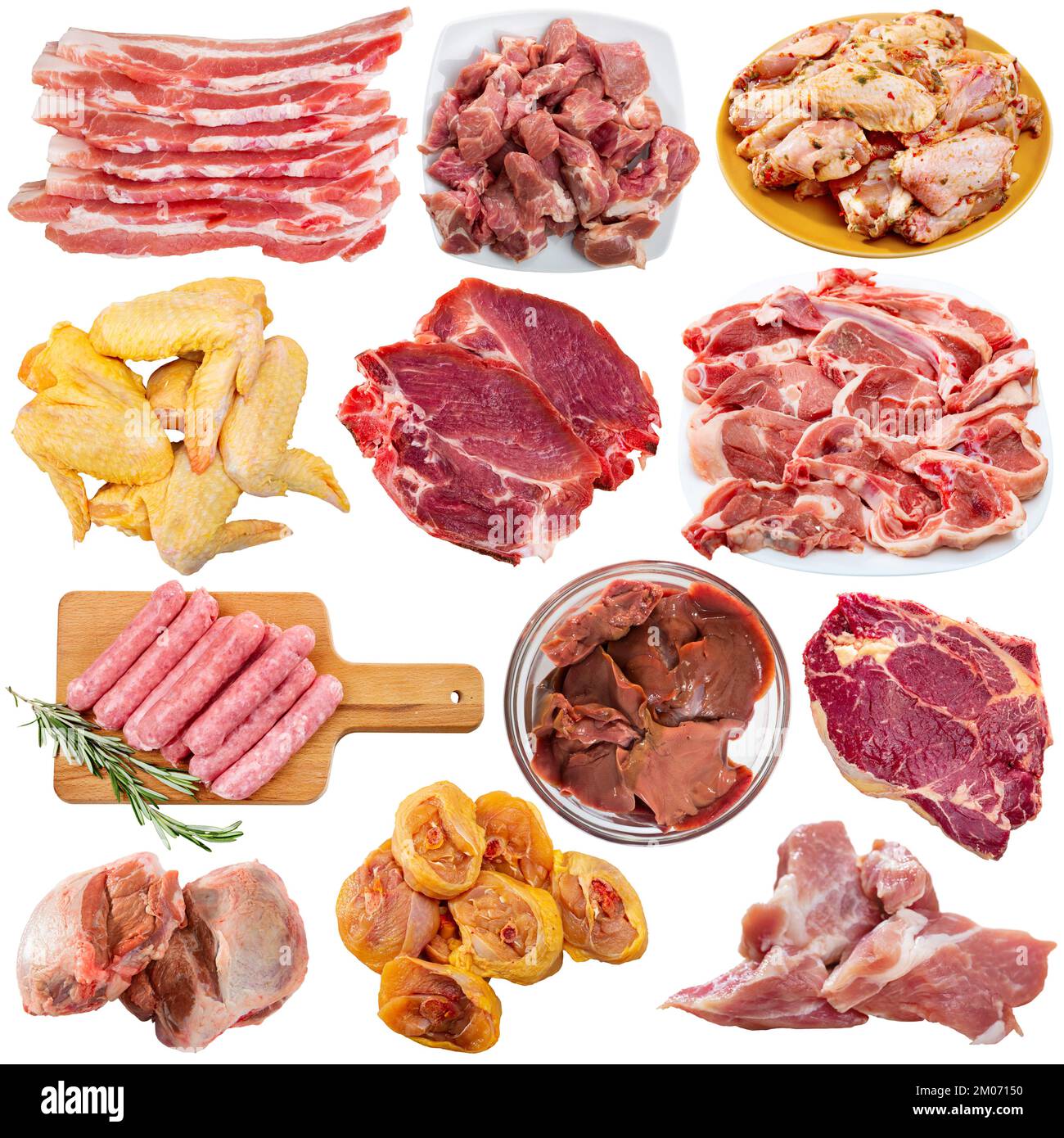 Collage of raw meat isolated on white Stock Photo - Alamy