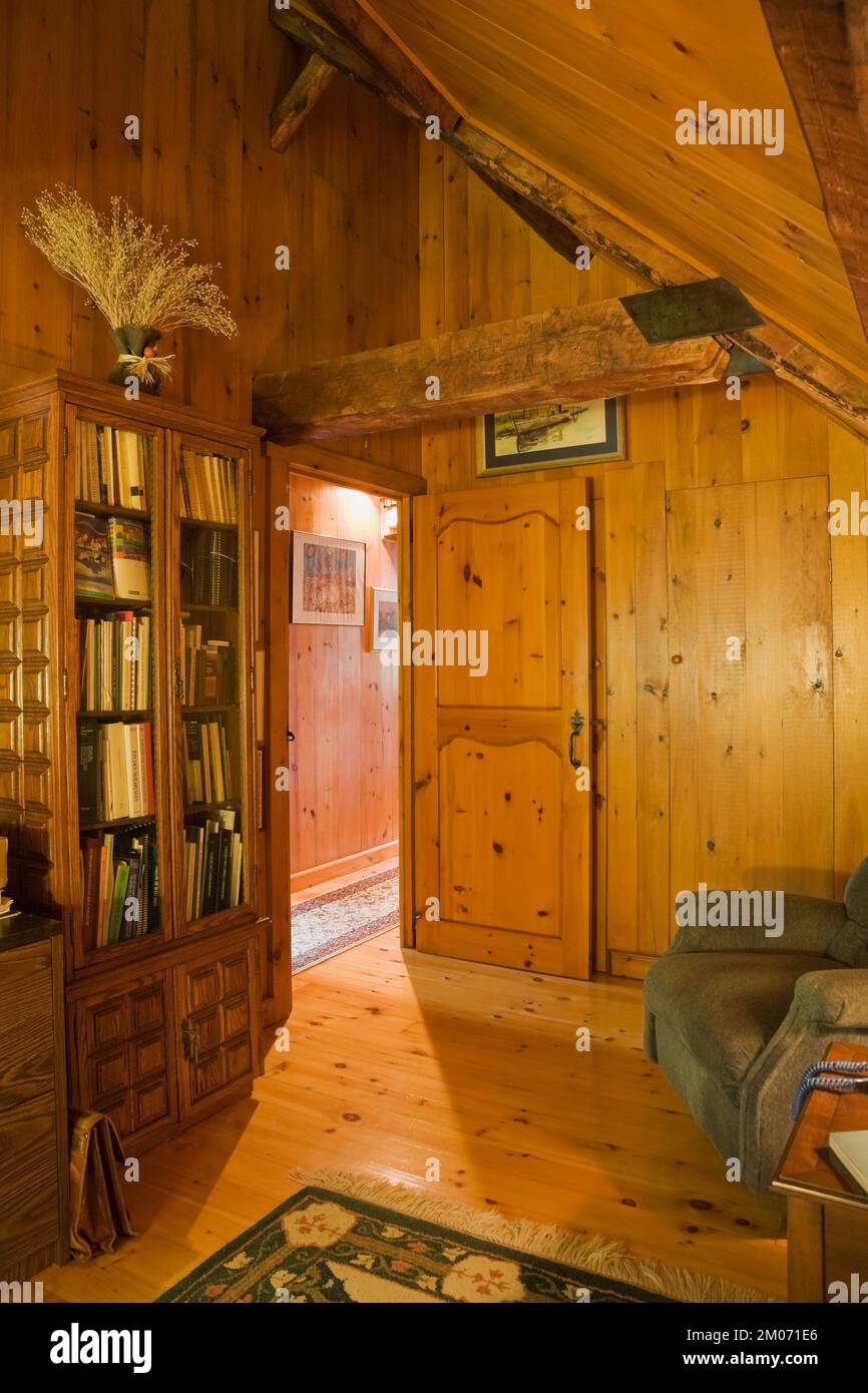 Bookcase and furnishings in study room in attic inside old circa 1740 ...