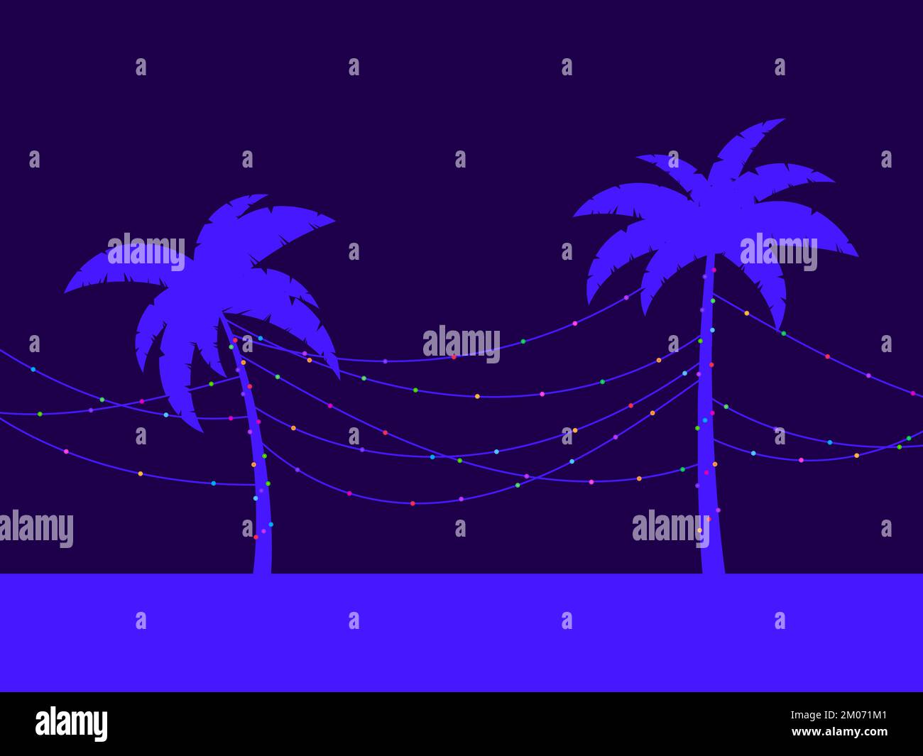 Christmas palm trees with garlands at night. Hanging garlands between ...