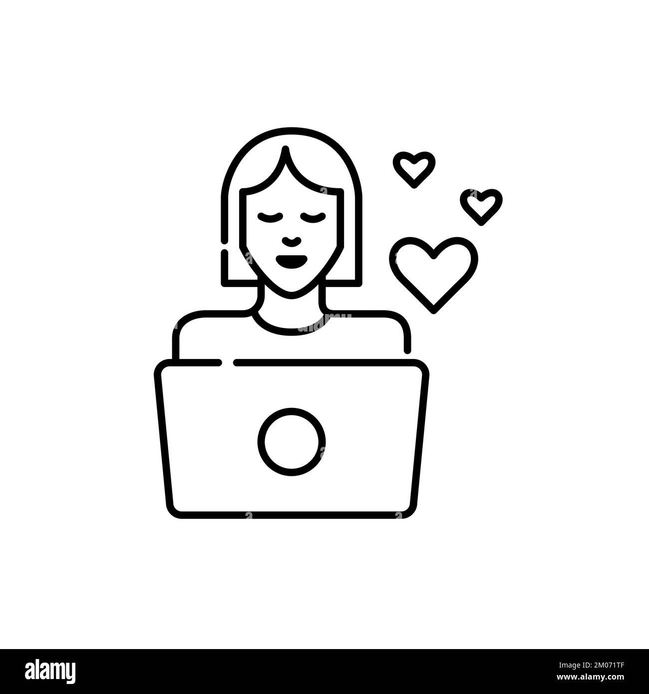 Young woman at her laptop receiving multiple positive heart feedback ...