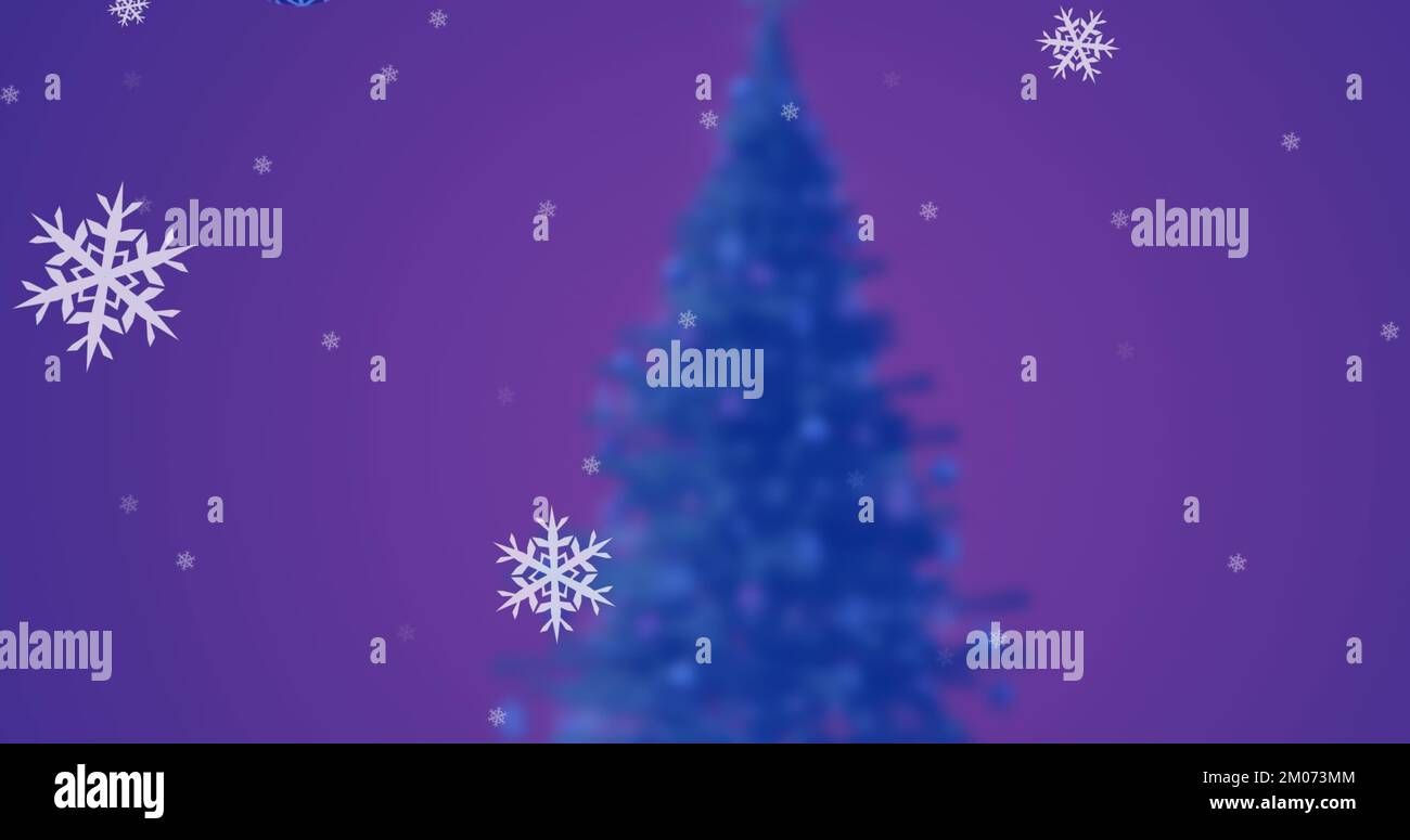 Composite of snow falling over christmas tree Stock Photo - Alamy
