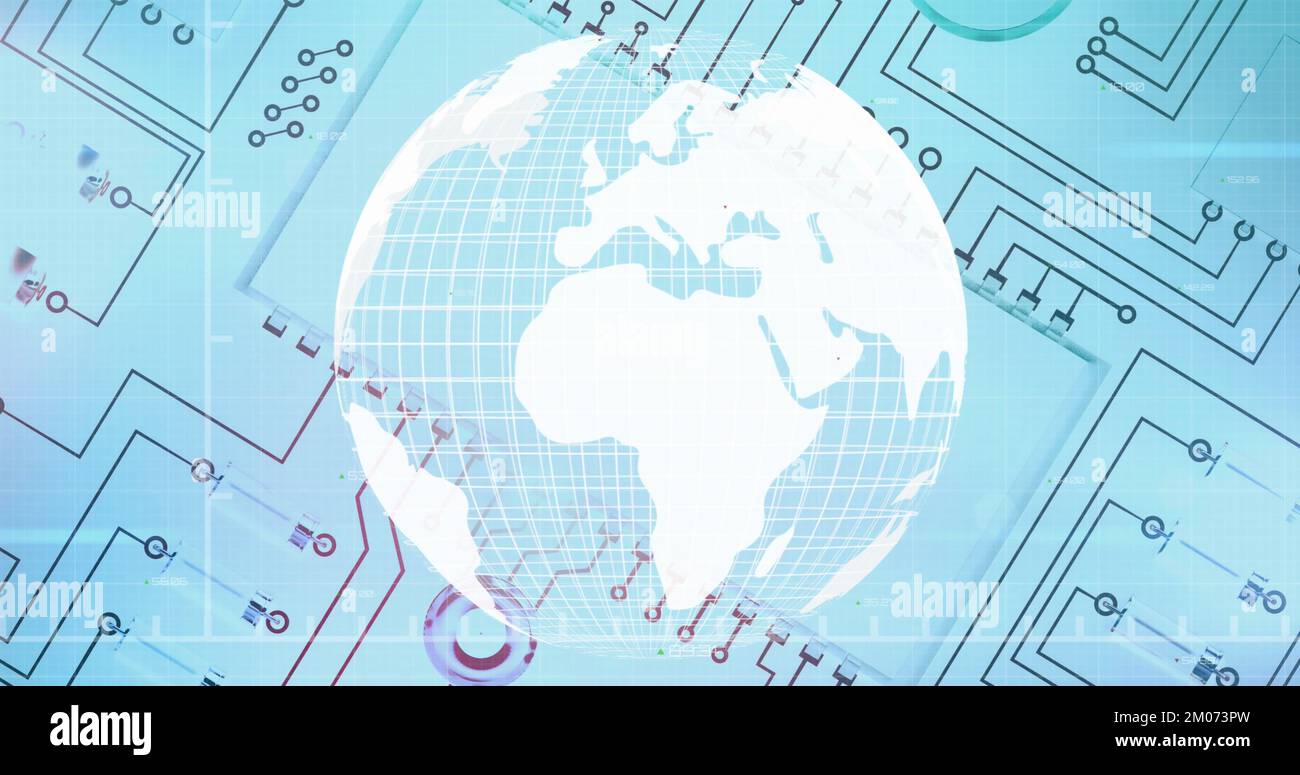 Image of a graph rolling with a globe spinning over a microprocessor ...