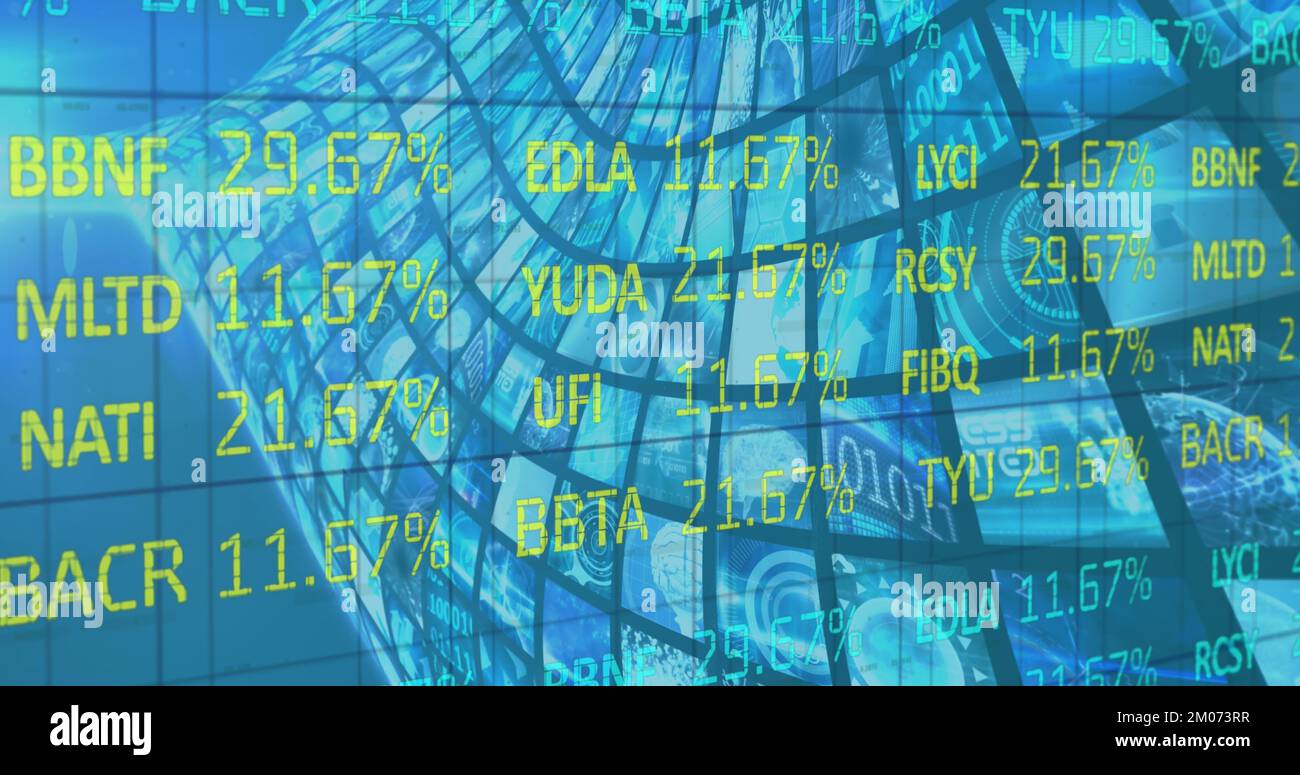 Image of stock data moving over multiple screens Stock Photo - Alamy