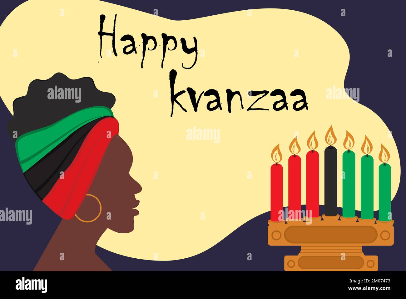 Profile of African woman with headband and wooden candelabra with seven ...
