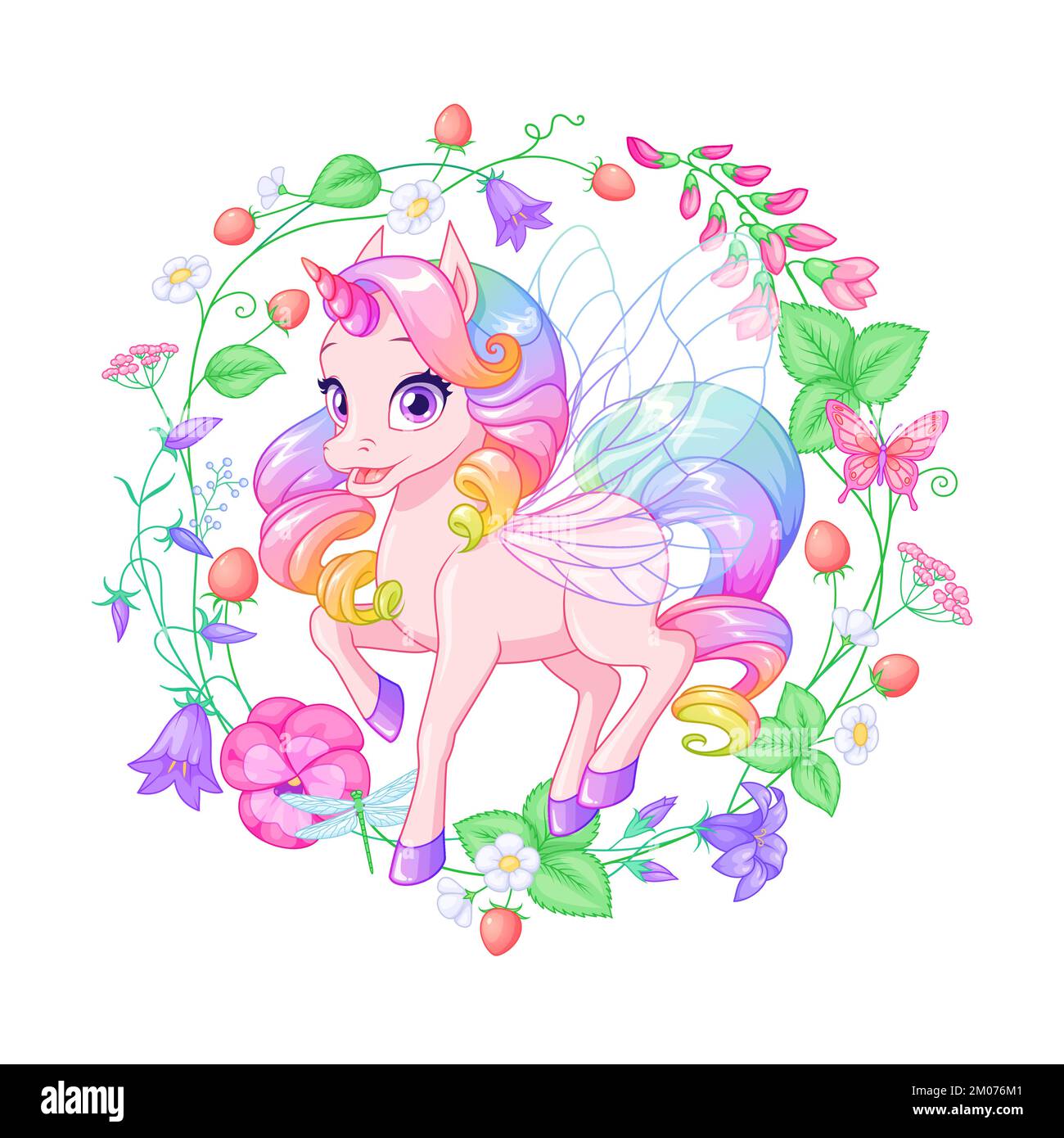 Cute pink unicorn with wings and summer flower wreath. Vector ...