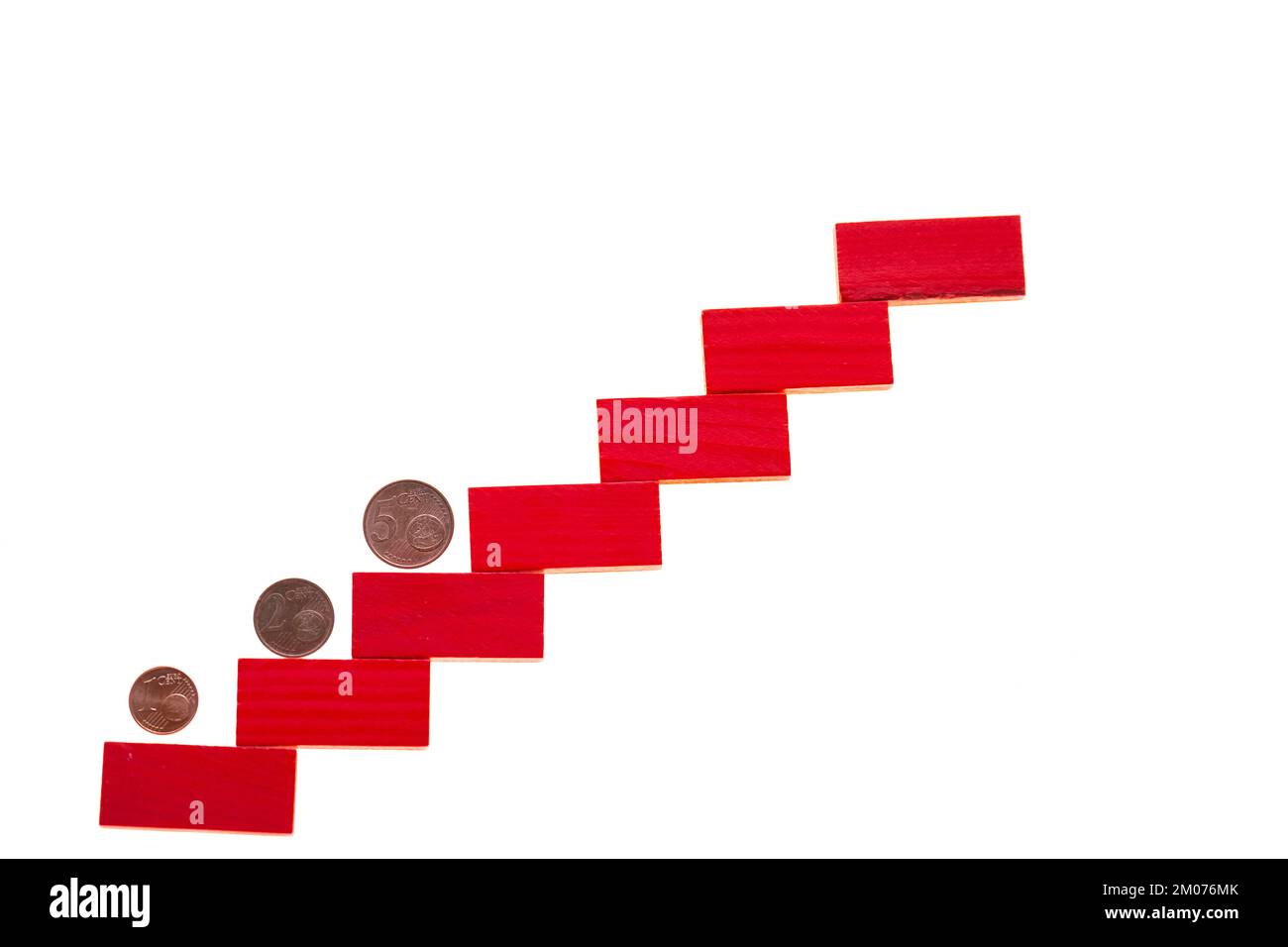 Euro coins rise up. euro coin on a step ladder isolated on a white ...