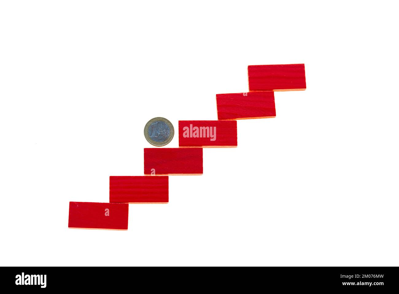 Euro coin rise up. One euro coin on a step ladder isolated on a white ...