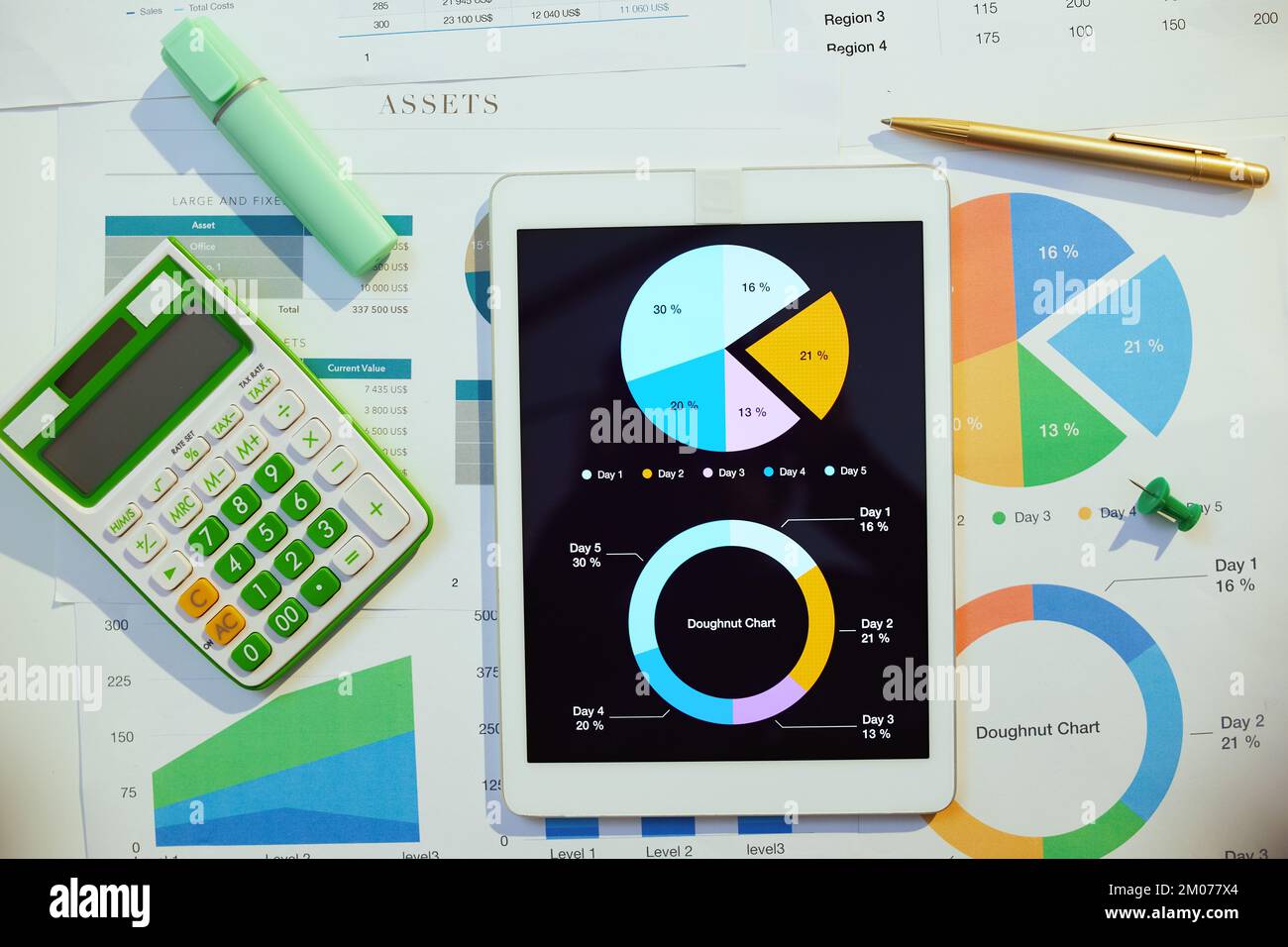 tablet pc, calculator, documents and graphs at desk Stock Photo - Alamy