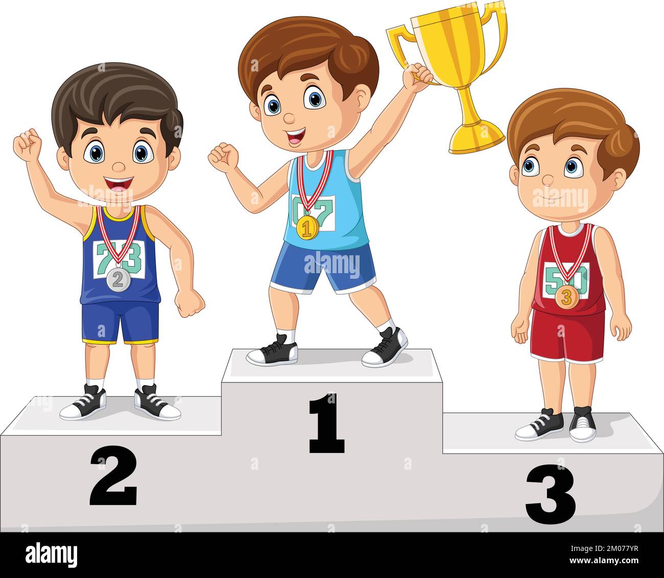 Children with medals standing on podium and holding a trophy Stock ...