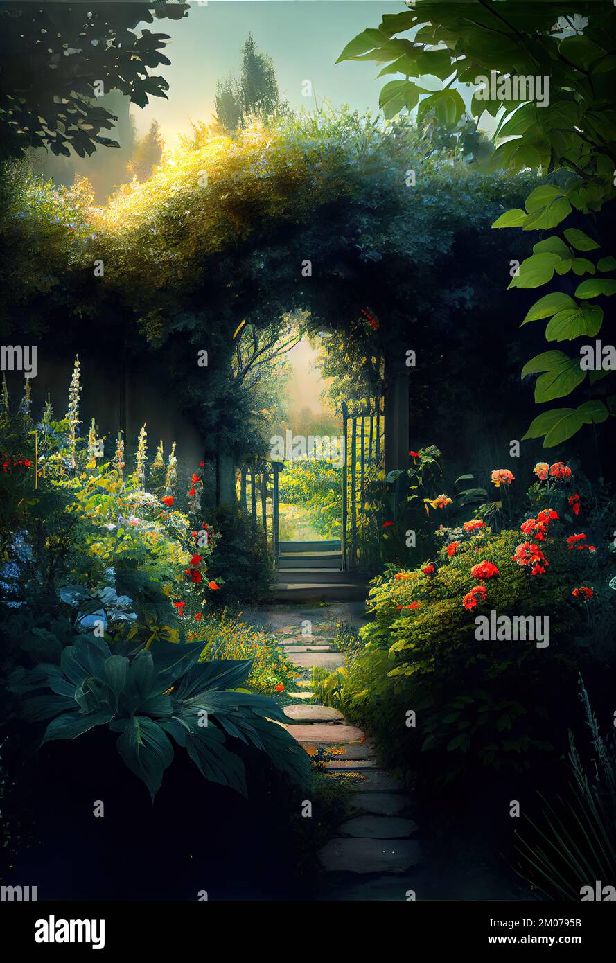 Beautiful Fantasy Garden Background Illustration Stock Photo - Alamy