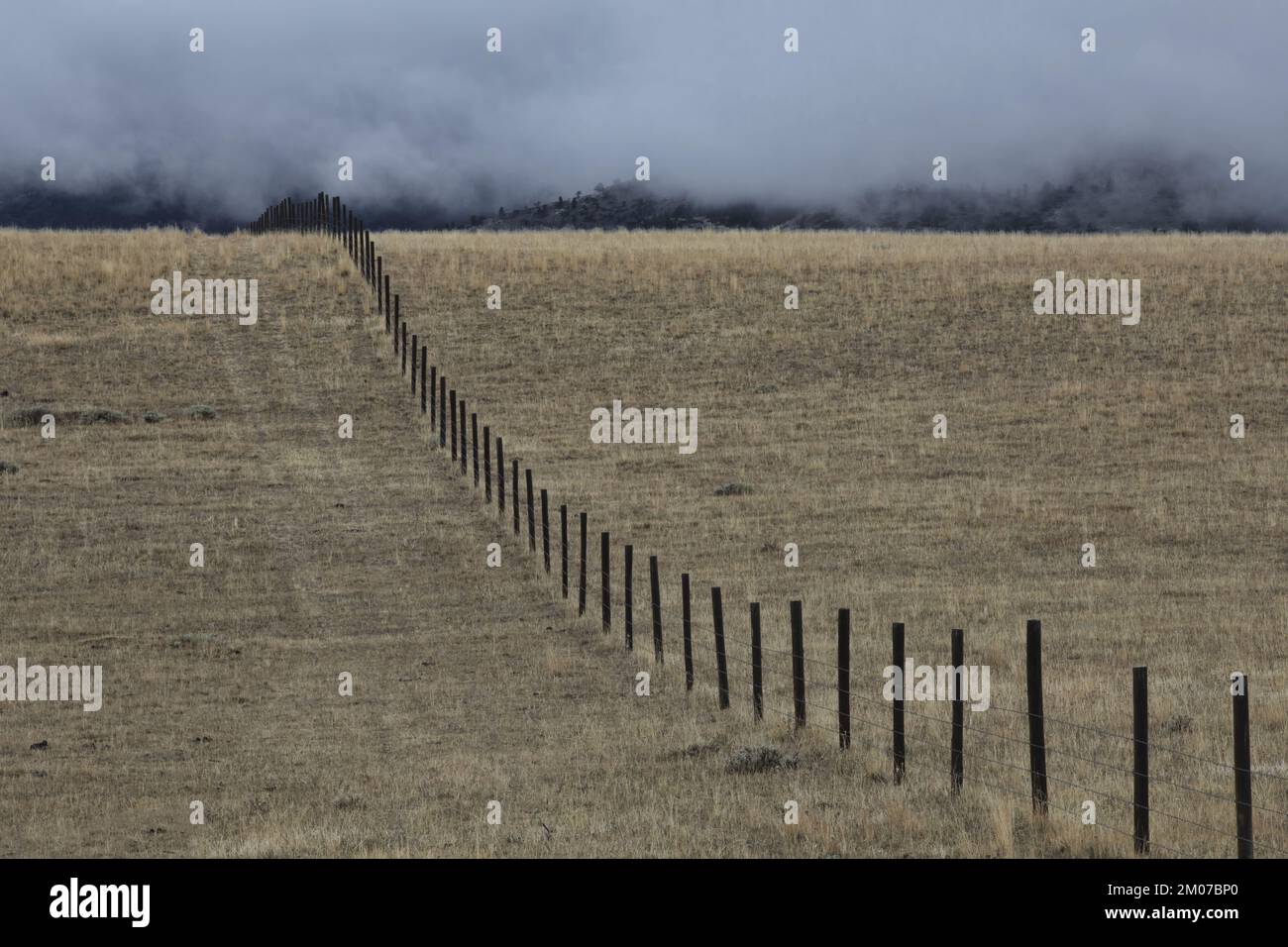 Landscape of fence dividing and continuing beyond view raises evocative ...