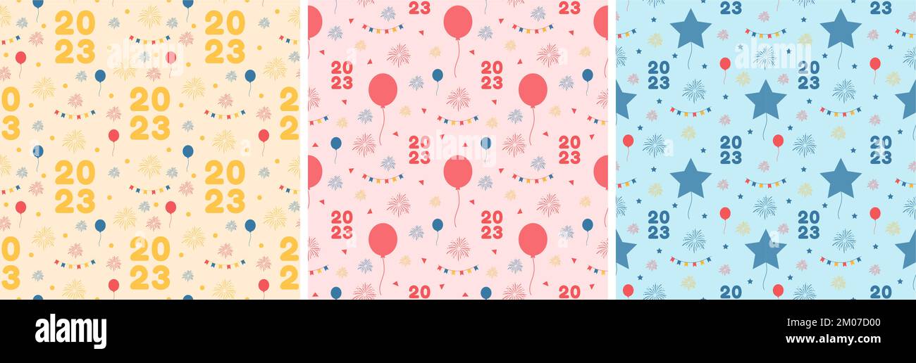 Set of Happy New Year 2023 Seamless Pattern Design with Decoration in ...