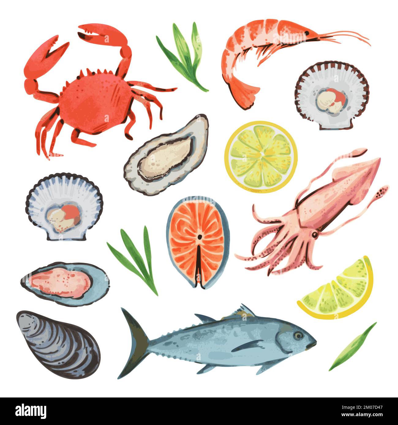 Seafood in hand drawn watercolor style. Mollusk, shrimps, crab and fish ...