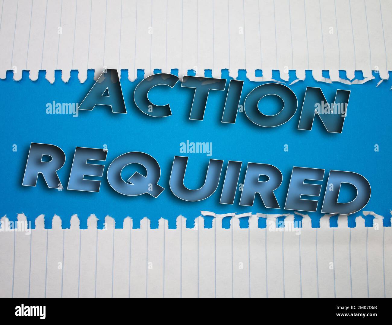 Action Required text with Torn, Crumpled White Paper on colored ...