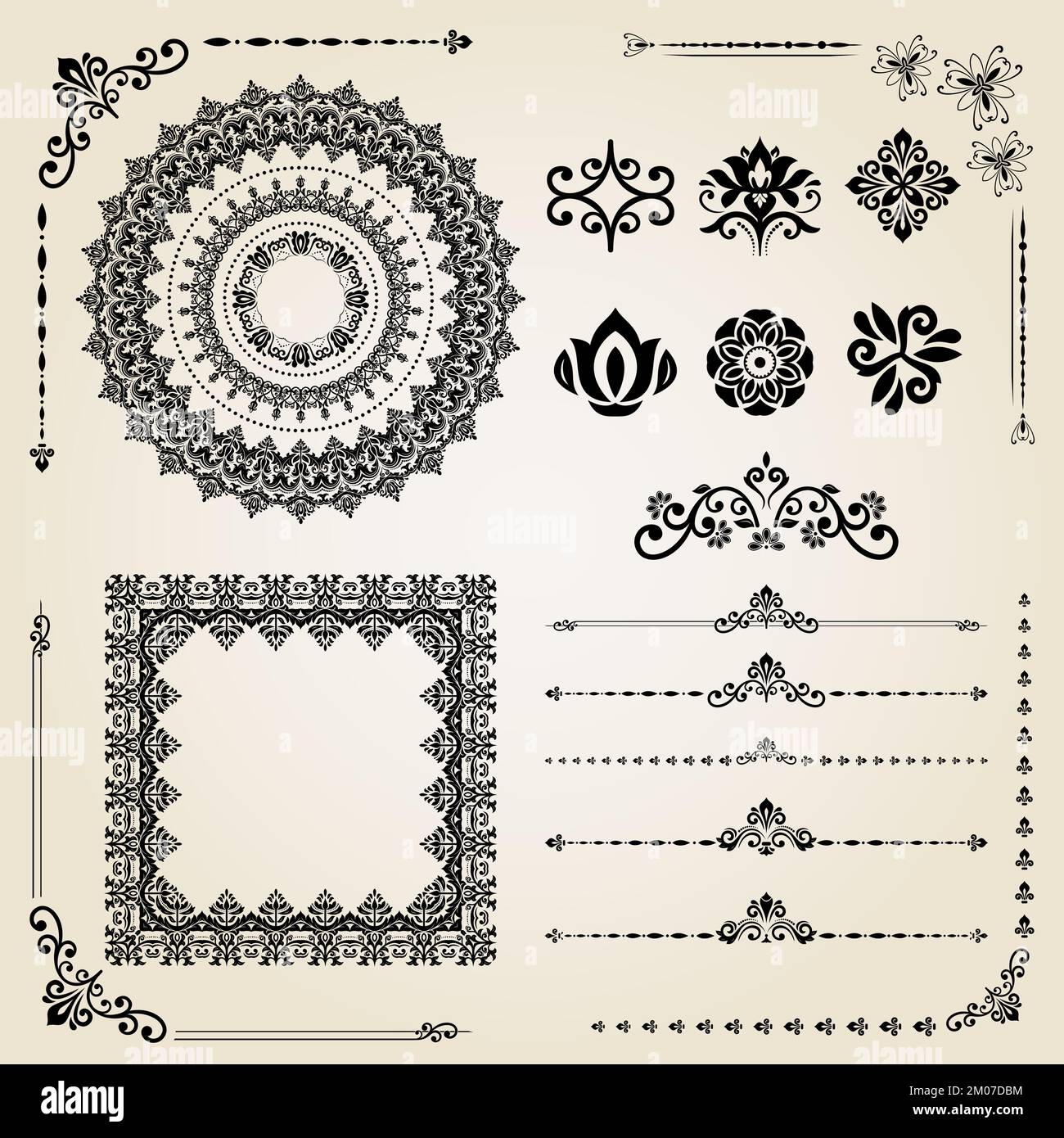 Vintage set of black vector horizontal, square and round elements ...