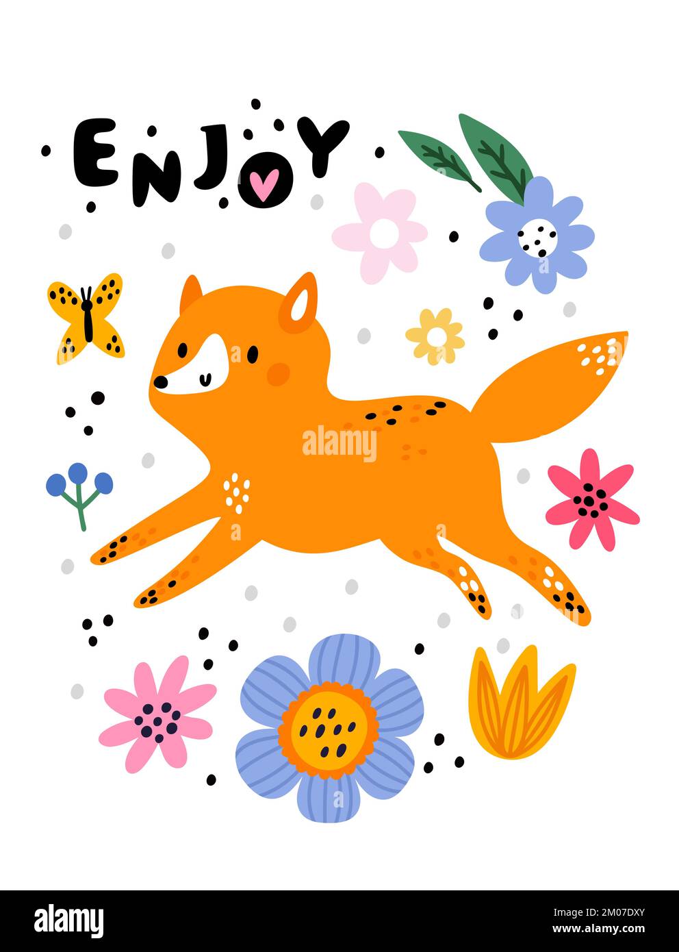 Funny fox card. Nordic kids style animal. Cartoon forest wildlife ...