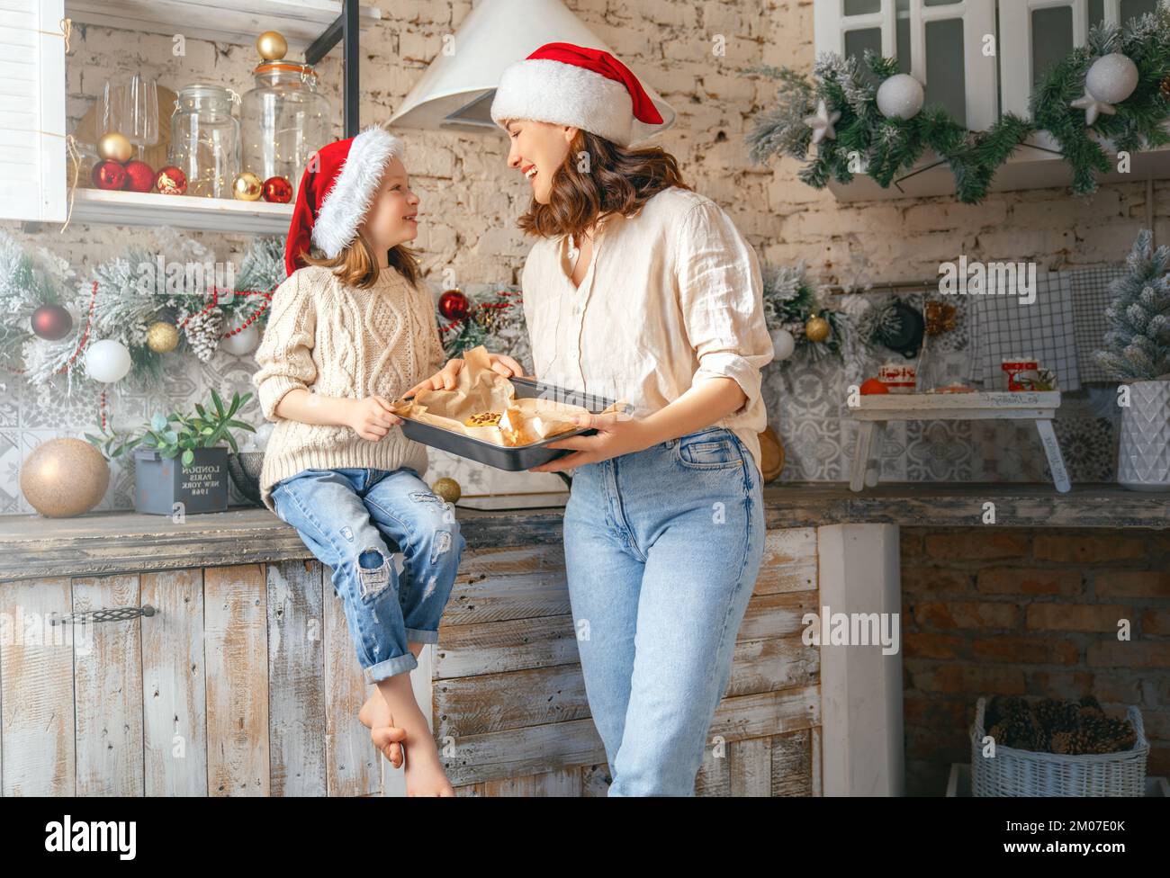 Merry Christmas and Happy Holidays. Family preparation holiday food ...