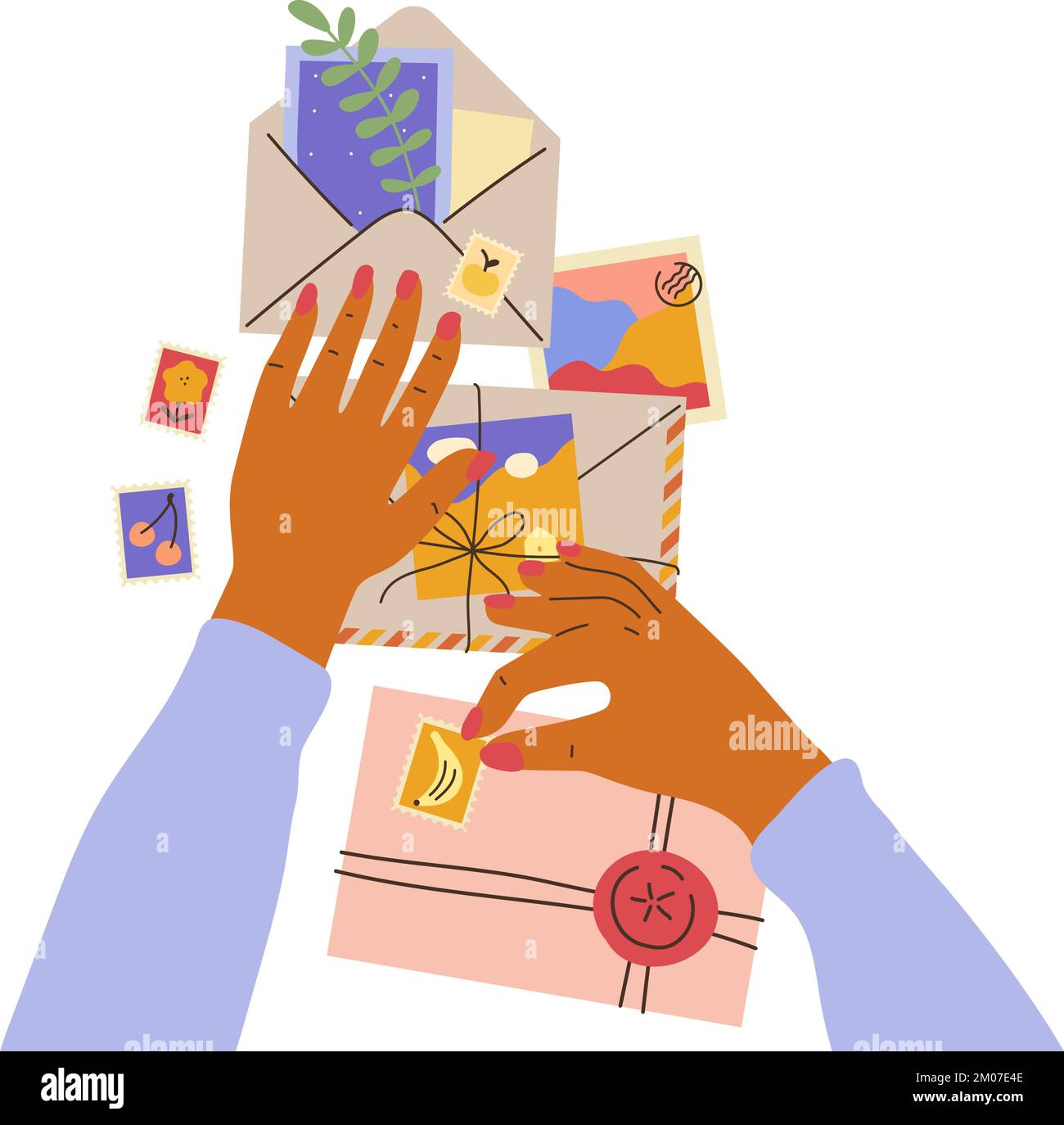 Postal envelopes with hands. Human arms write letters. Signing ...