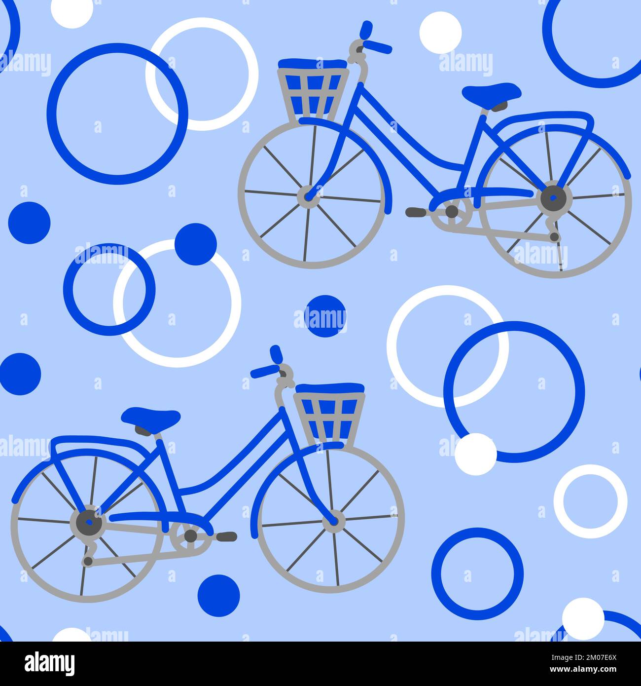 Hand drawn seamless pattern with blue bicycles on circle abstract ...