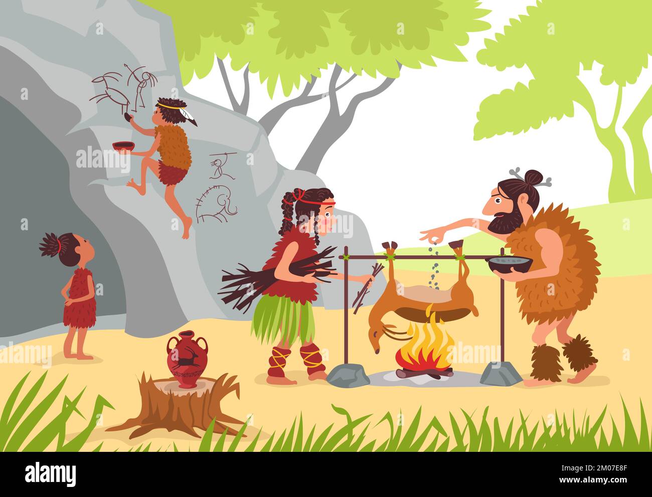 Stone age family. Cave primeval people. Parents and kids at daily ...