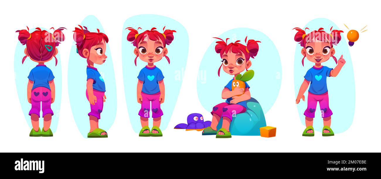 Little girl cartoon character for animation front, side and rear view ...