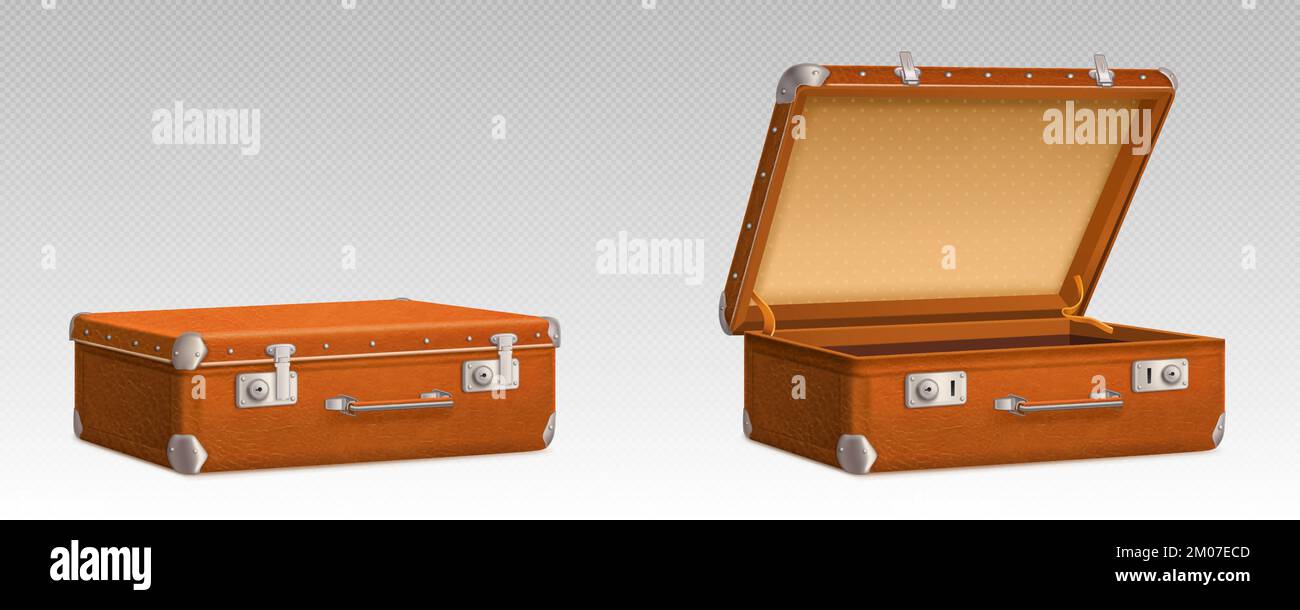 Vintage suitcase, retro luggage, closed and open empty leather bags ...