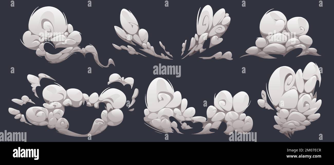 Set of cartoon smoke clouds isolated on dark background. Vector ...