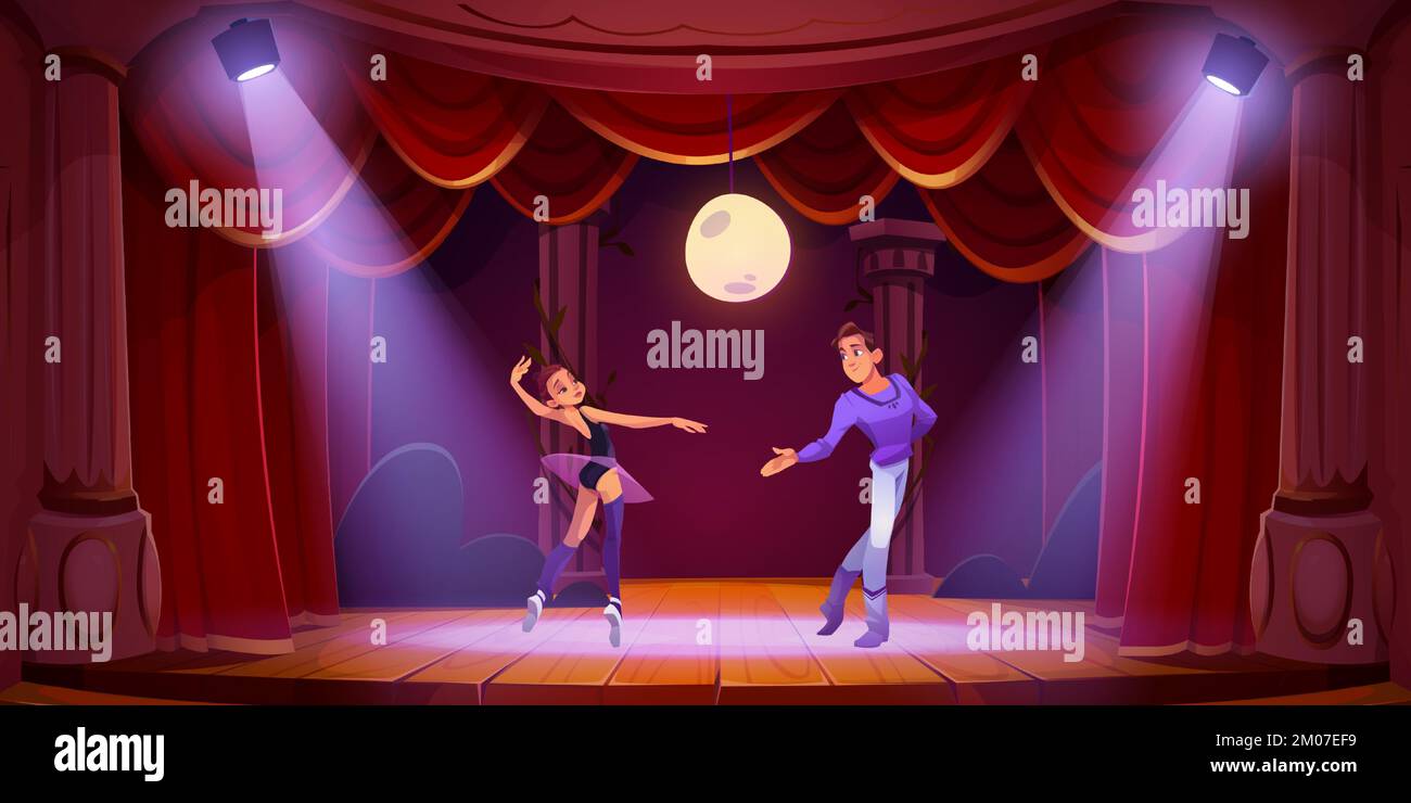 Theater stage with ballet dancers couple and backdrop of night ...