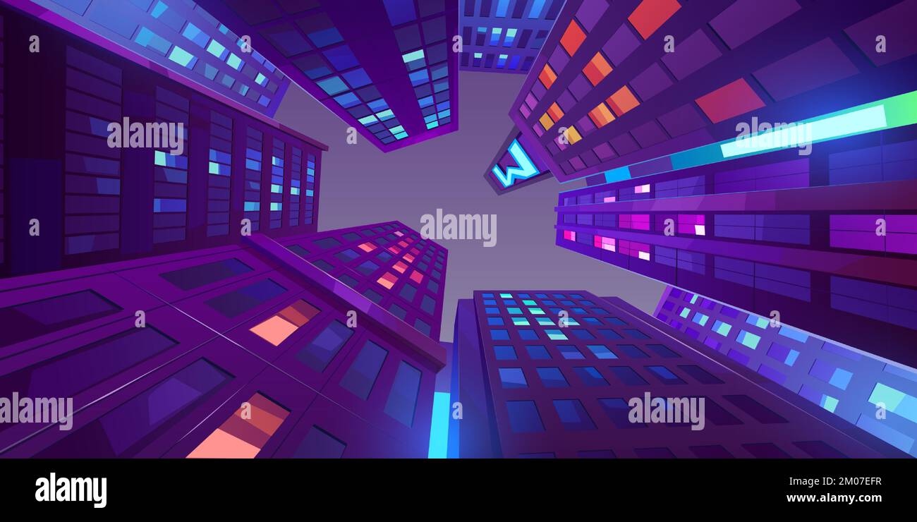 Bottom view of night skyscrapers illuminated with neon lights. Modern ...