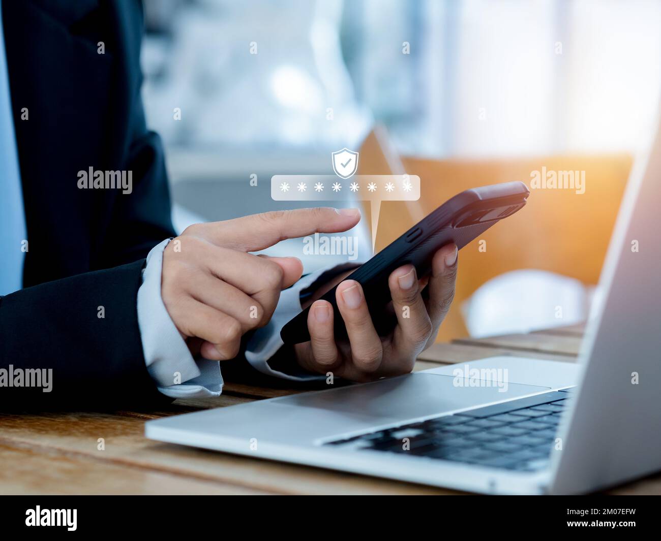 Two steps authentication concept. Virtual safety shield icon while ...