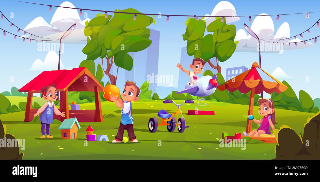 Children playing on playground with cityscape view. little boys and ...