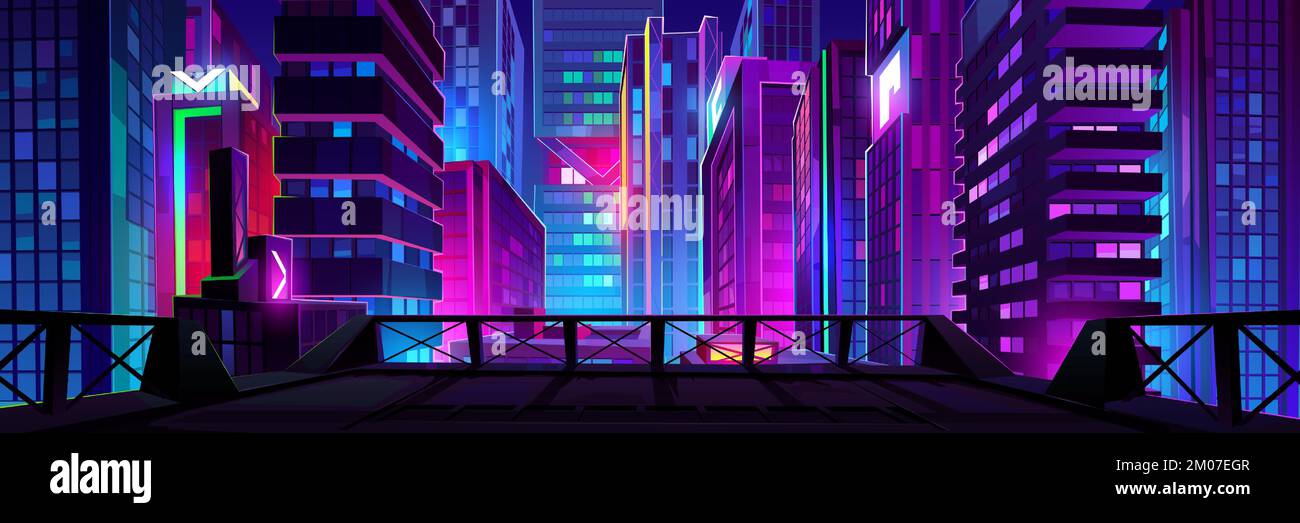 Rooftop view of night cityscape with neon lights. Modern megalopolis ...