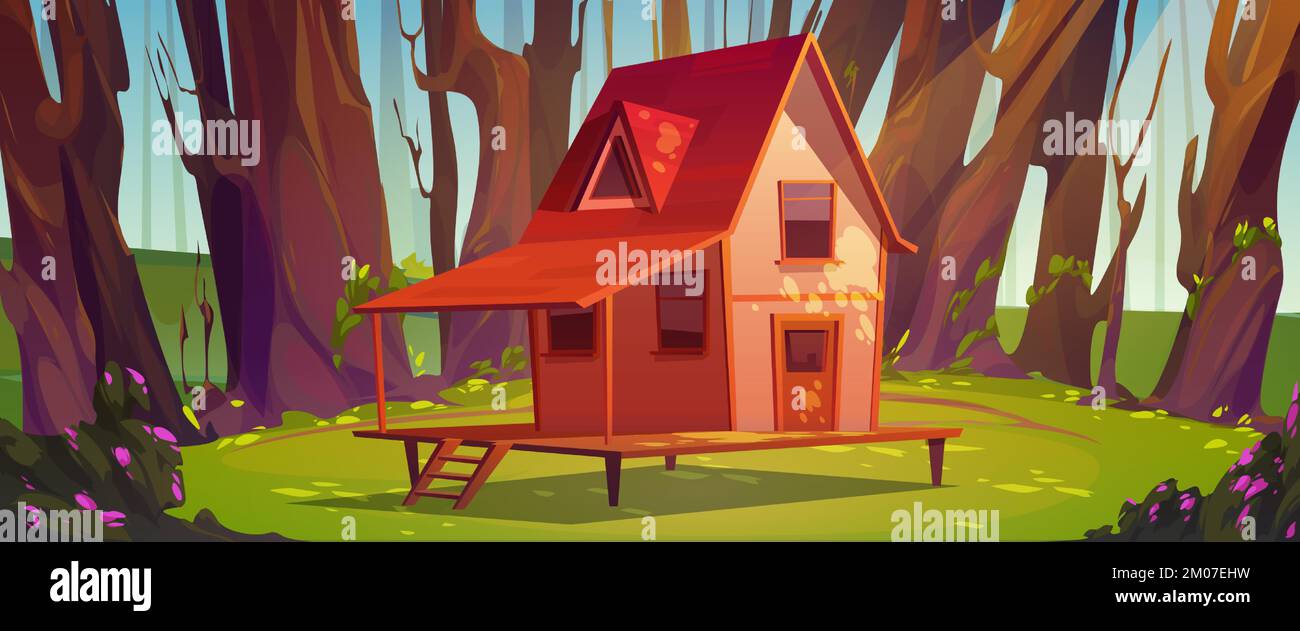 Wooden stilt house on green forest glade landscape. Cartoon vector ...