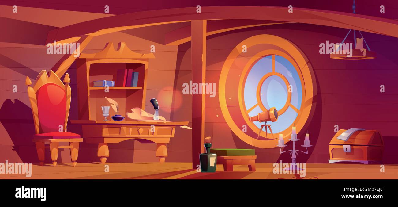 Pirate captain ship cabin. Wooden room interior, game background with ...