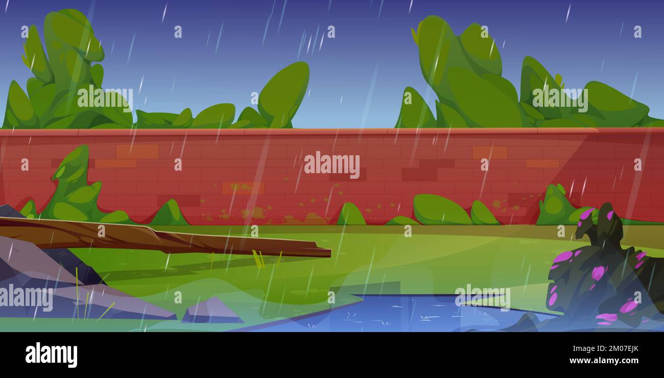Rainy weather in green park or backyard with red brick wall, water ...