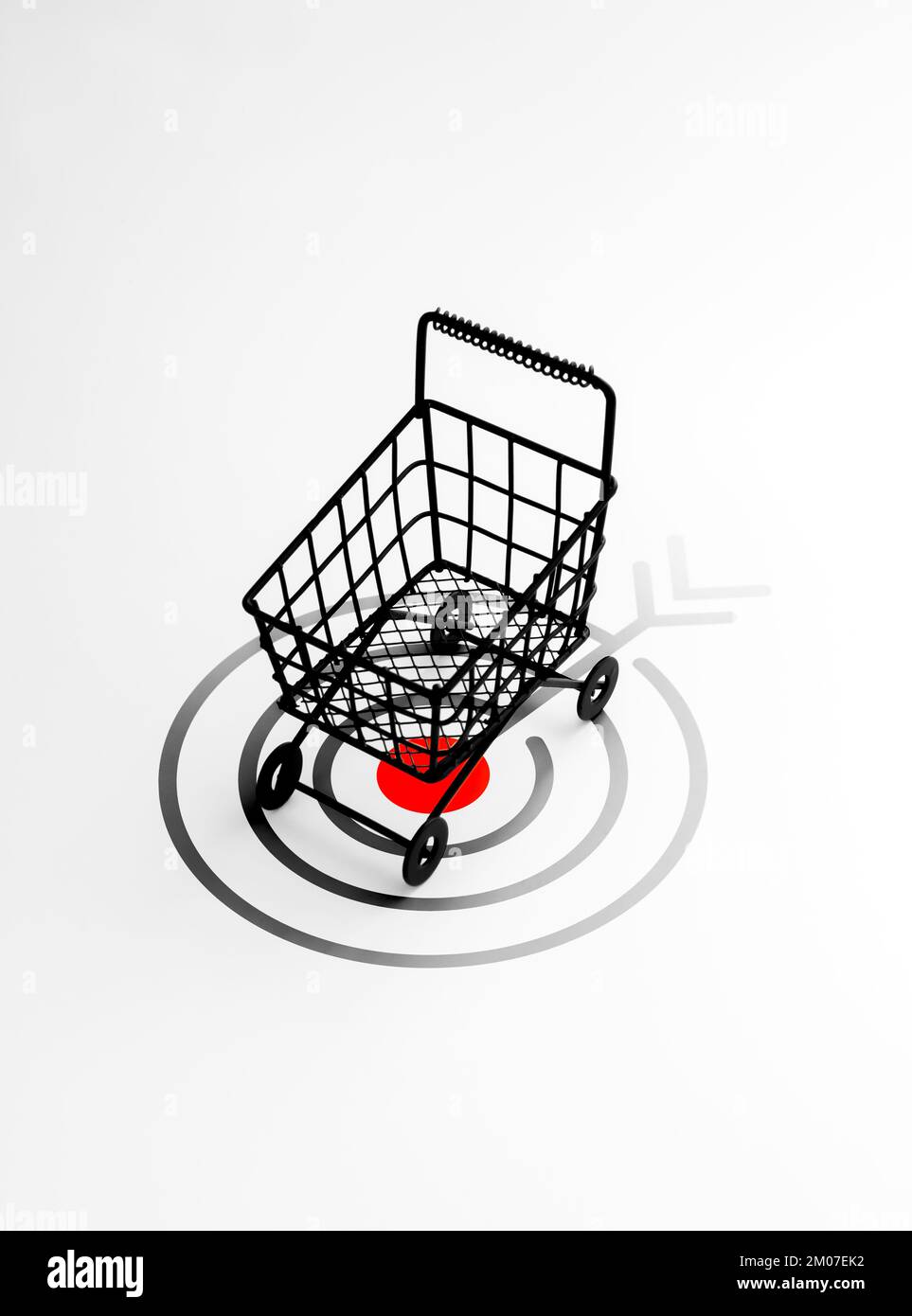 3d red target icon under a black shopping trolley cart supermarket ...