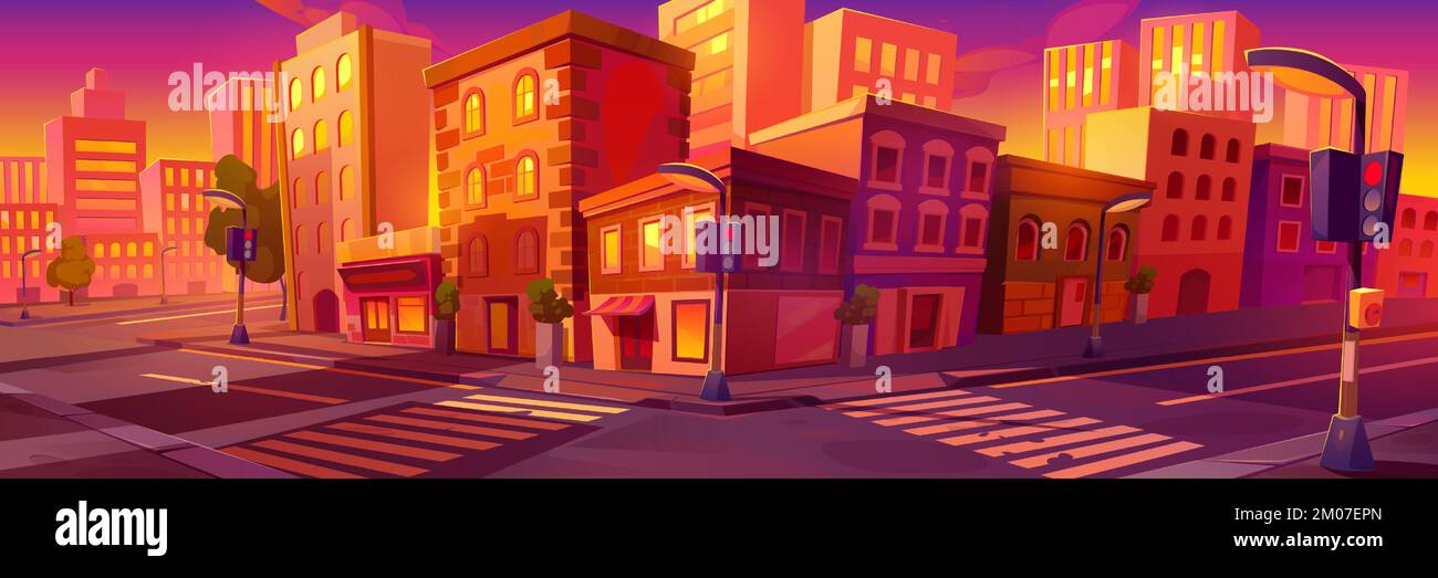 City crossroad at sunset time, empty transport intersection with ...