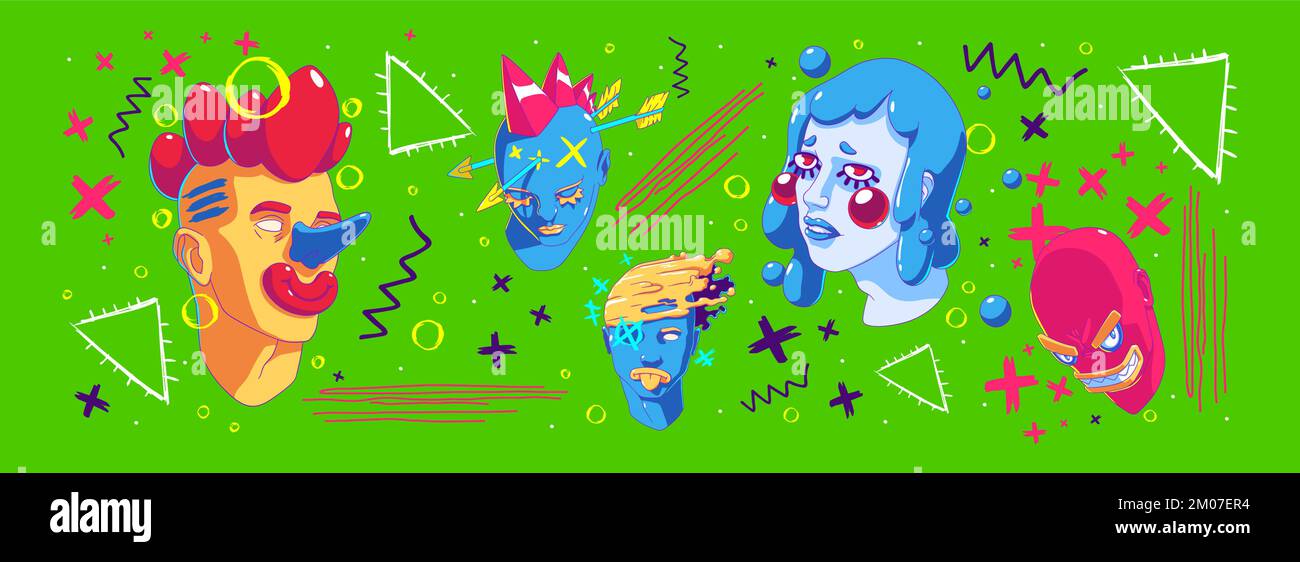 Abstract poster of modern art exhibition with people heads in trendy ...